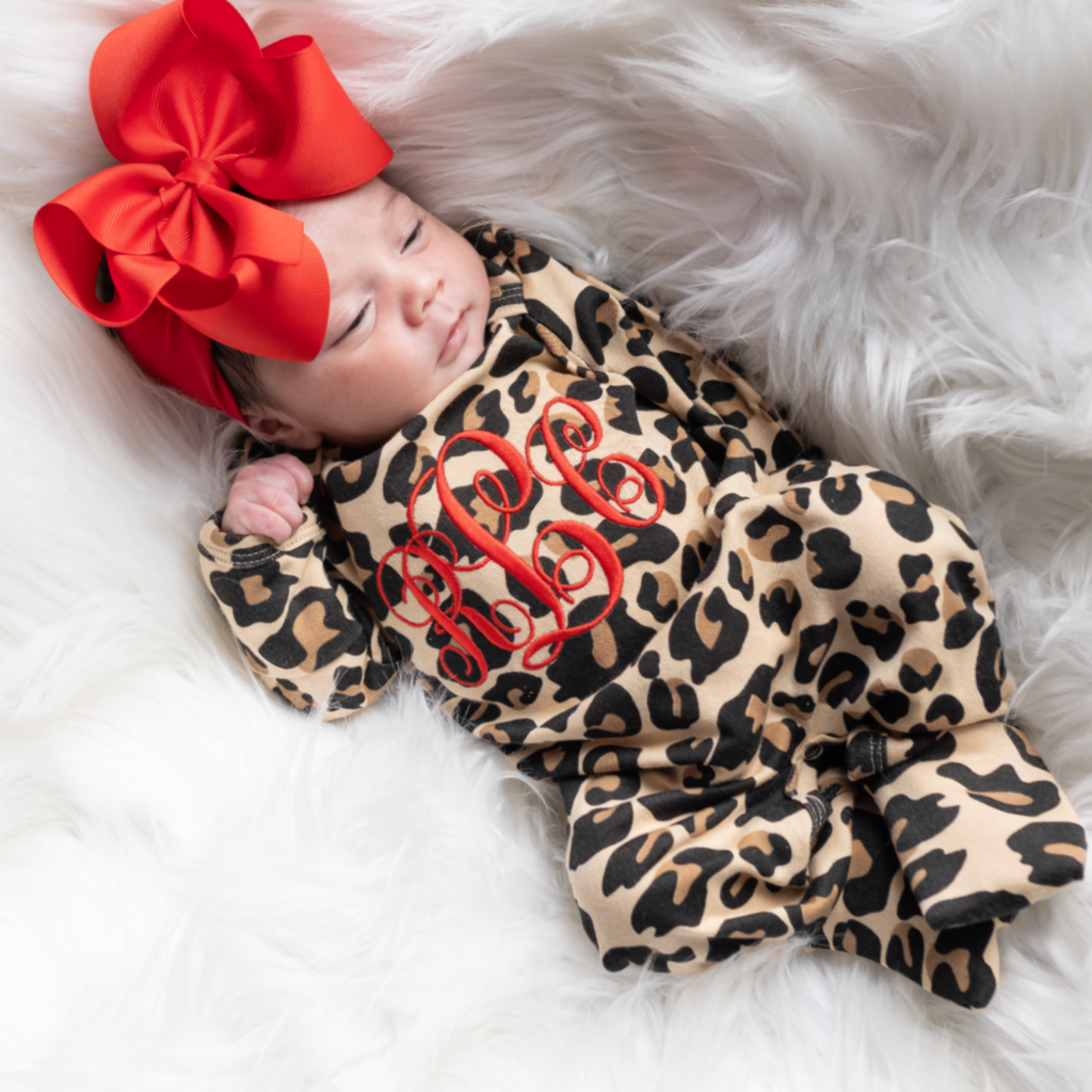 Monogrammed Baby Girl Outfit w/ Big Bow Headband - Leopard Print ...